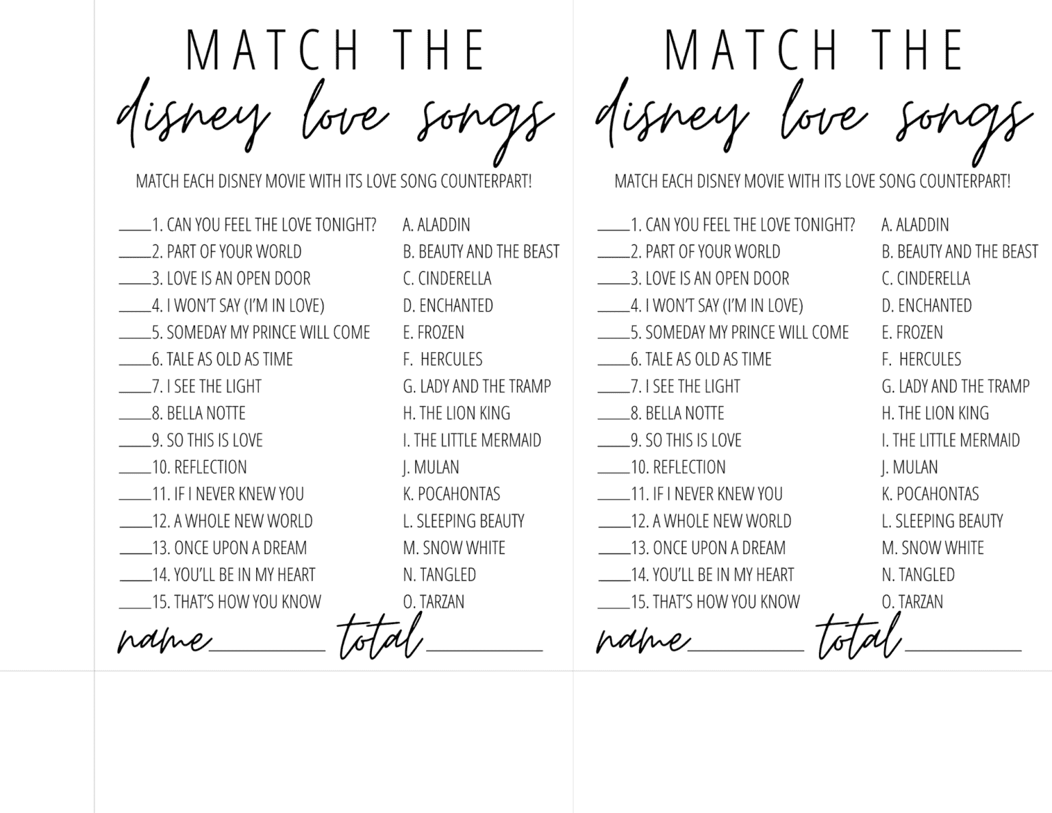 Disney Love Songs Game Free Printable | Modern MOH