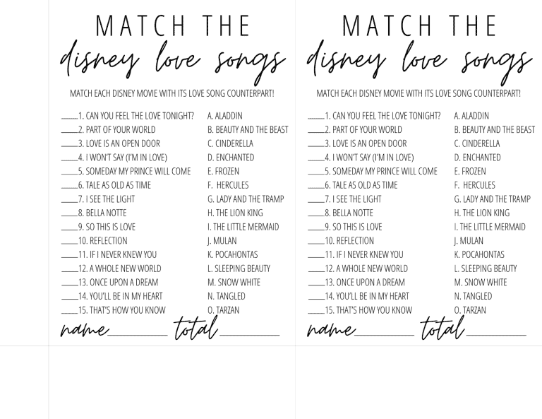 Disney Love Songs Game Free Printable | Modern MOH