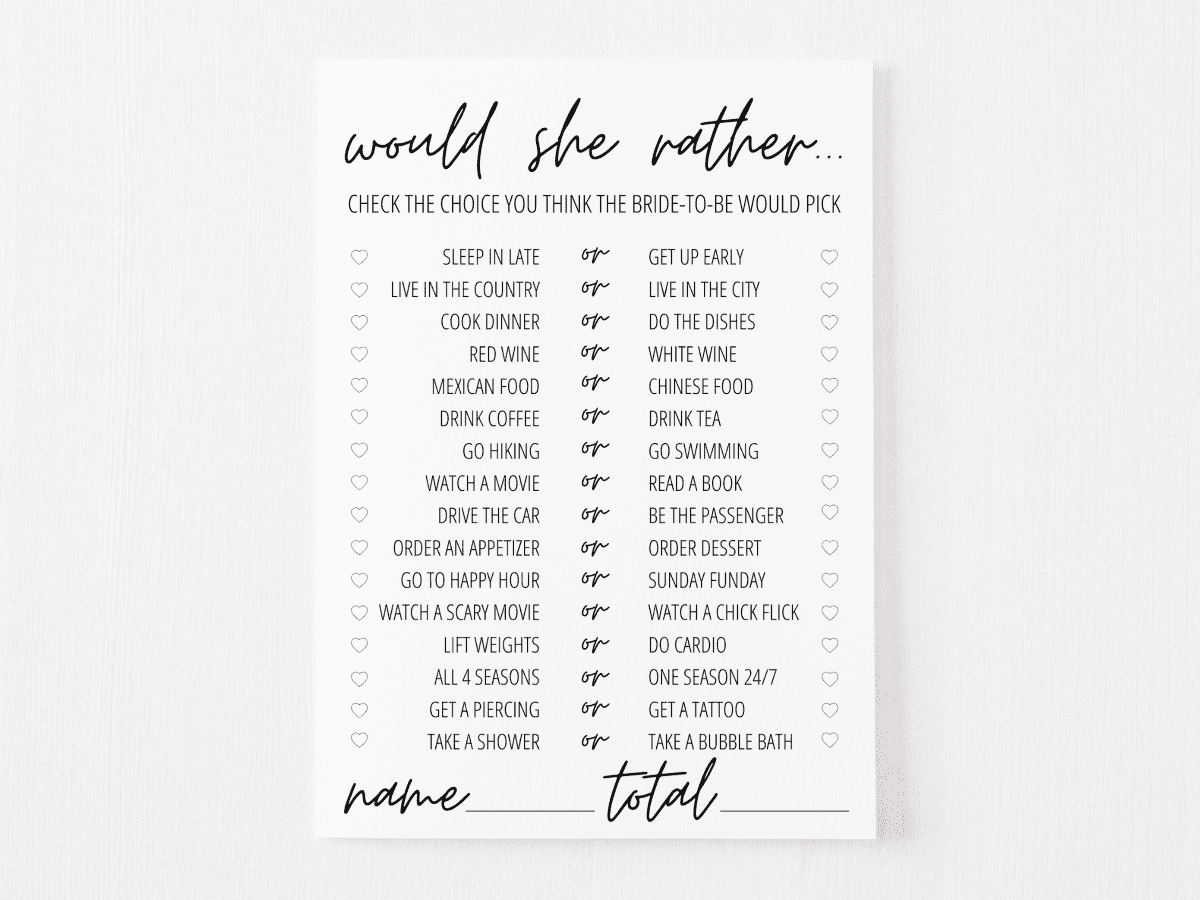 Would She Rather Bridal Shower Game Free Printable Modern MOH