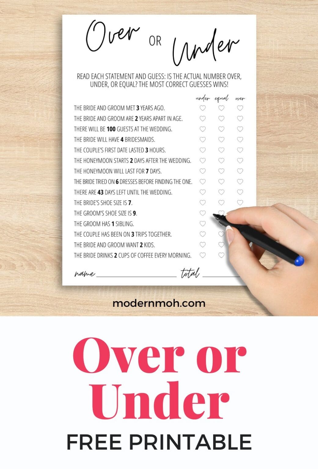 How to Play the Over or Under Bridal Shower Game (+ Free Printable!)